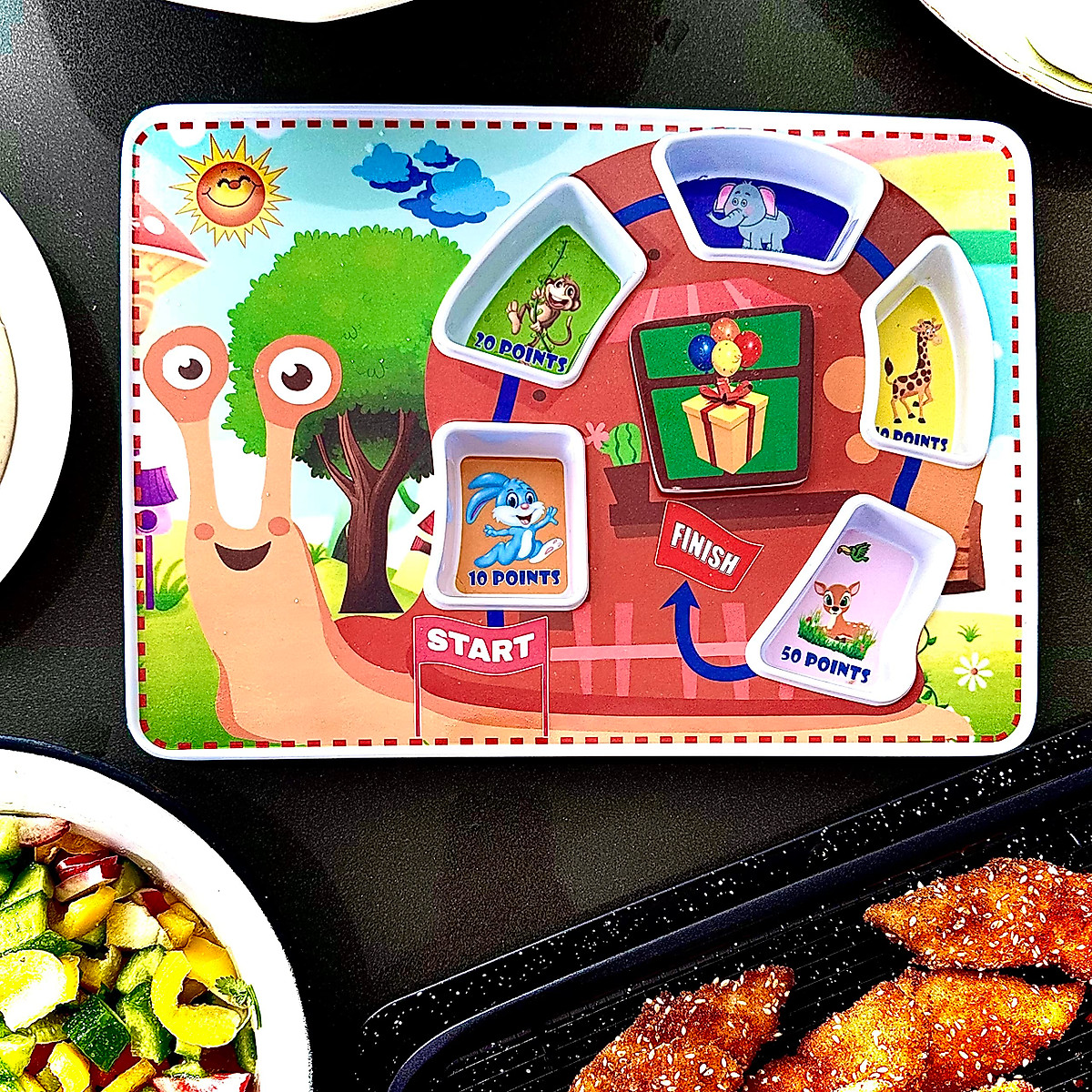 K'ONIJO Kids Divided Plate. Fun Game Tray With 5 Food Portions & 1 Extra for Surprise. Compatible With Picky Eater Toddler. Eat, Play, Win (Joy)