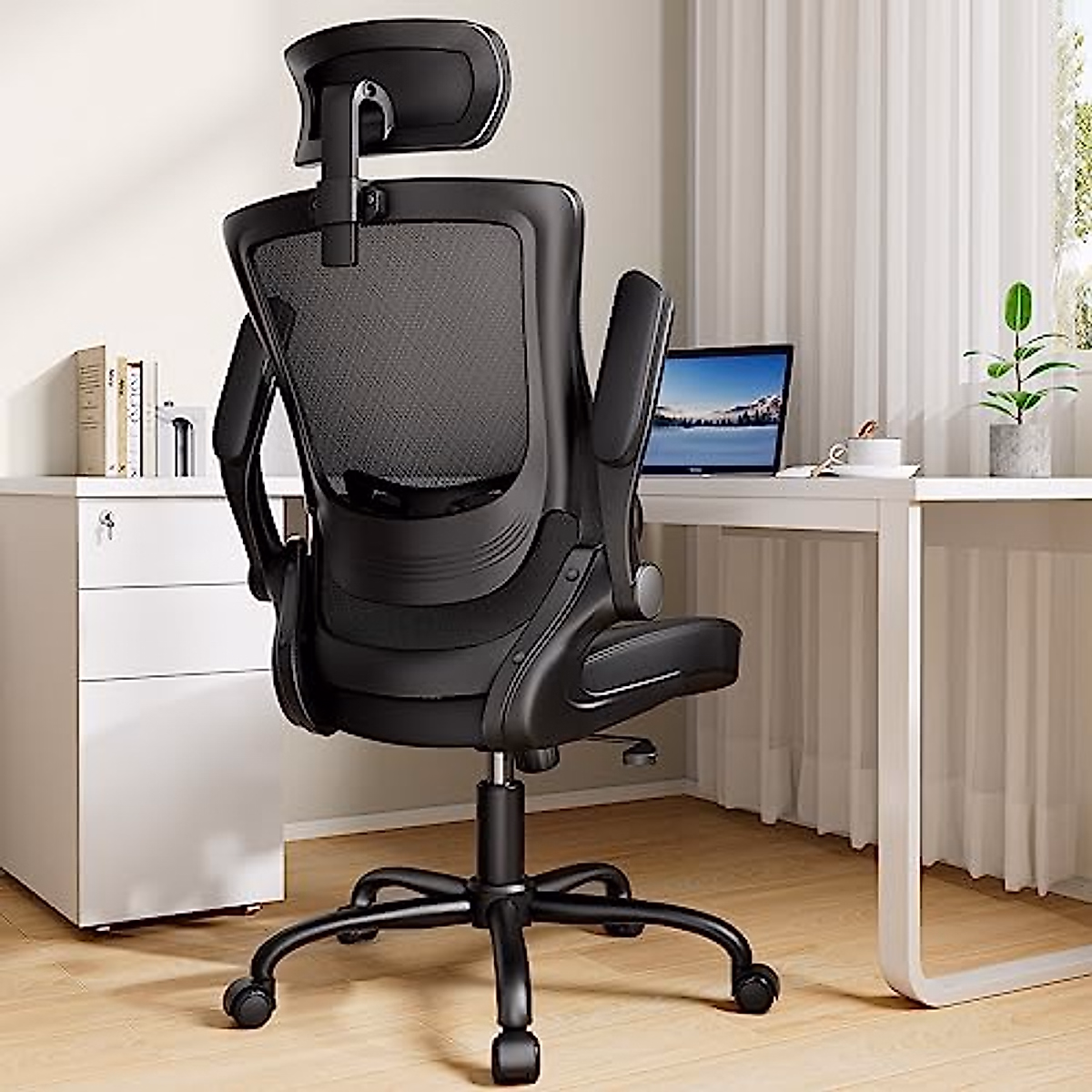 Totnz Ergonomic Office Chair with Mesh Back and Leather Cushion,Lumbar Support Computer Chair with Flip-up Arms and Adjustable Height,Home Office Desk Chairs(Black)