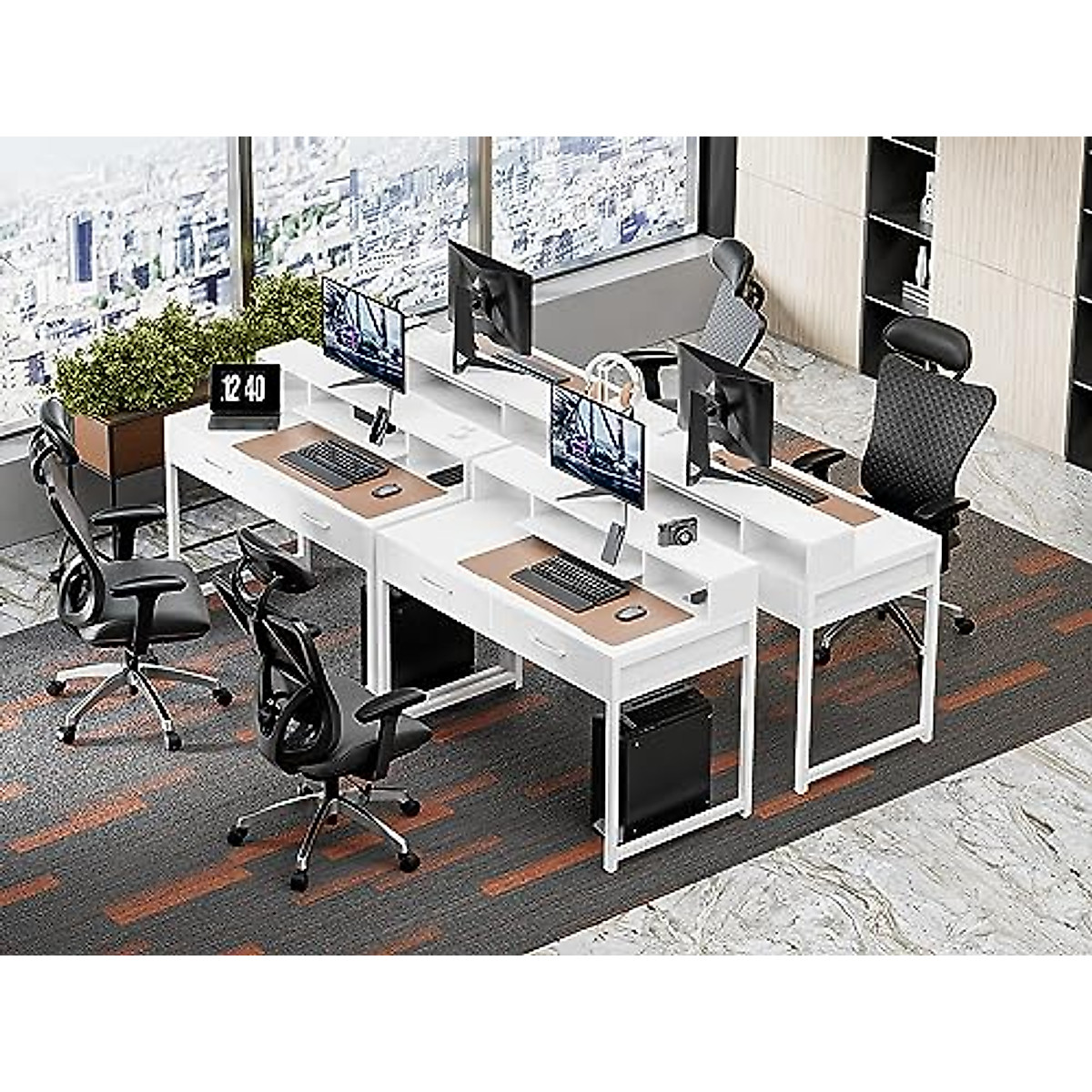 VEELOK Computer Desk with Drawers, 47" Home Office Desk with Monitor Shelf, Writing Desk with Storage, Gaming Desk Work Desk Study Desk for Bedroom, White