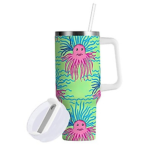 ODAWA 40oz Spill Proof Tumbler with Straw, Cartoon Sea Animals Double Insulated Tumblers with Lid and Straw