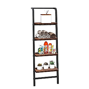 VERFARM 4-Tier Modern Ladder Shelf, Open Wall-Mounted Bookshelf with Stable Metal Frame, Storage Rack Shelves, Stand Bookcase for Home Office, Bedroom and Living Room, Black, Rustic Brown