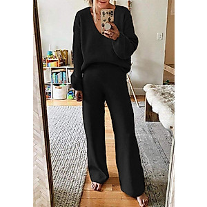 Fixmatti Women 2 Piece Outfit Set Long Sleeve Knit Pullover V Neck Sweater Top and Wide Leg Pant Sweatsuit Black XL