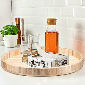 16 Inches Extra Large Solid Wooden Serving Tray Round Tea Coffee Table Tray Snack Food Meals Serving Plate Kitchen Party Bar Server Breakfast Tray with Raised Edges Nature Wood Ottoman Tray