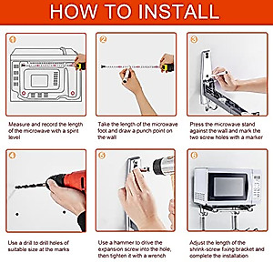 EsLuker.ly Universal Stainless Steel Microwave Oven Wall Mount Bracket with Removable Hooks, Arm Adjustable Foldable Kitchen Stretch Oven Stand Shelf Rack Load 100 lb