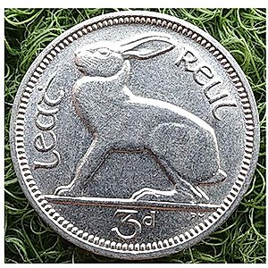 1960 No Mint Mark DATE MAY VARY! DELIGHTFUL LUCKY IRISH 3 PENCE COIN w RABBIT! LONG GONE PRE-DECIMAL DENOMINATION! Buy 2 get 1950's, Buy 3 get 1940's, Buy 4 get 1930's 3d (3 Pence) Pre-Decimal Seller Between VF and UNC depending on Year