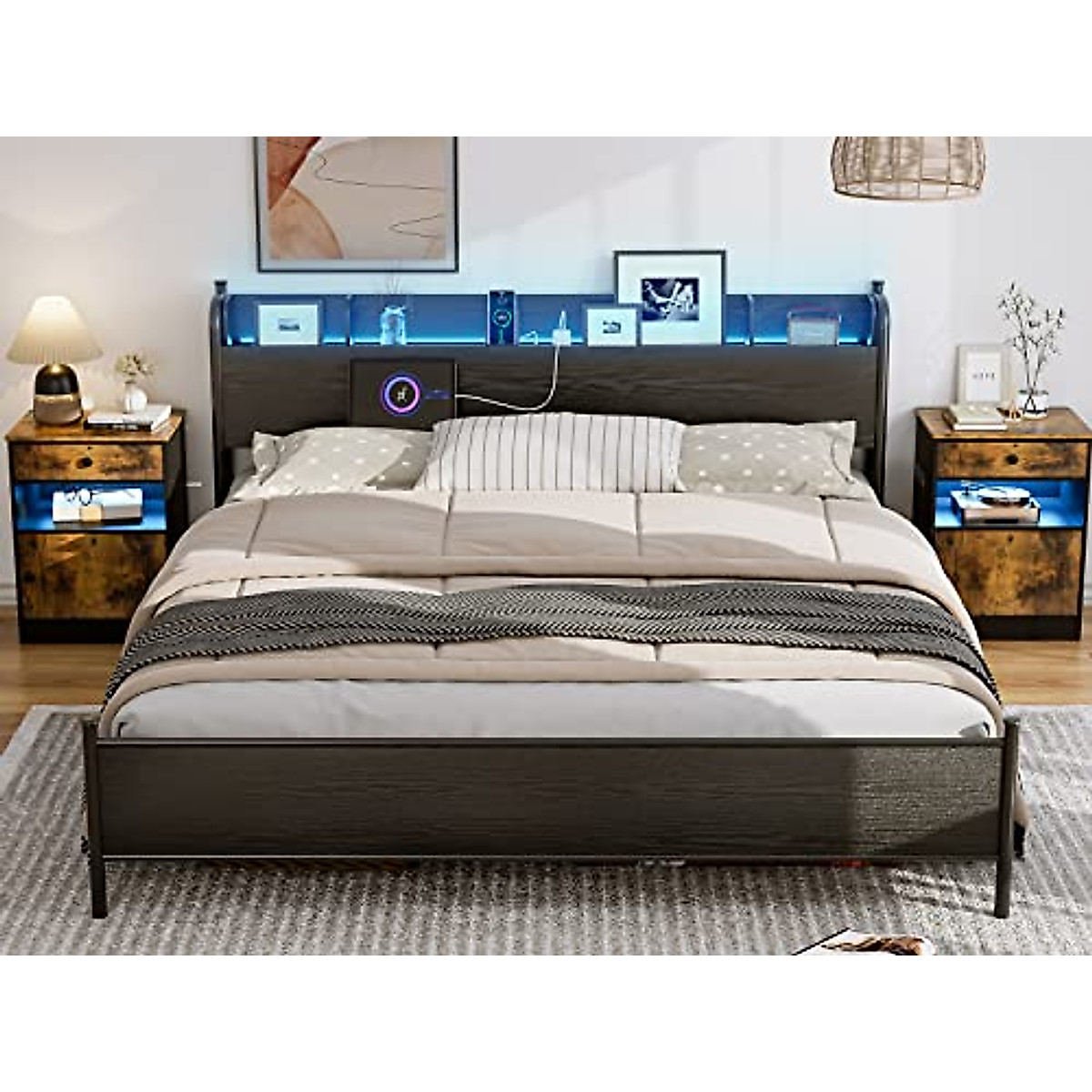 IKIFLY California King Bed Frame with Storage Shelf Headboard & Charging Station - Industrial Metal and Wood Cal King Platform Bed with LED Lights, No Noise, No Box Spring Needed - Black