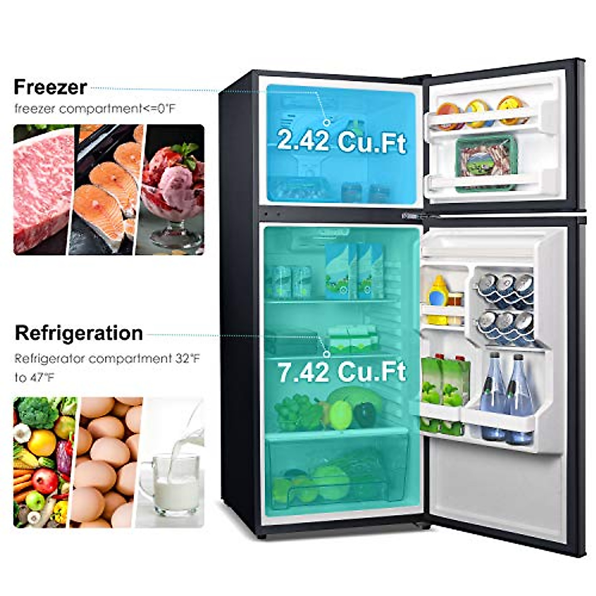 Galanz GLR10TS5F Refrigerator, Adjustable Electrical Thermostat Control with Top Mount Freezer Compartment, 10.0 Cu.Ft, Stainless Steel Look, 10