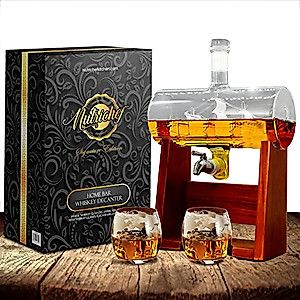 NutriChef Glass Whiskey Decanter with Glasses -1100ml Barrel Whiskey Carafe Alcohol Decanter Set, Decanter w/ Spigot, Stopper & Base, For Brandy Wine Cognac Rum Gin Scotch Bourbon - NutriChef