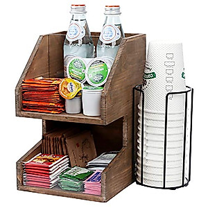 Vencipo 2-Tier Coffee Condiment Organizer with Metal Vertical Coffee Cups Rack, Wooden Counter Top Tea Bag Storage Station for Holds Beverage Bags, Packets, Spices, Pods, Condiment Accessories Holder.