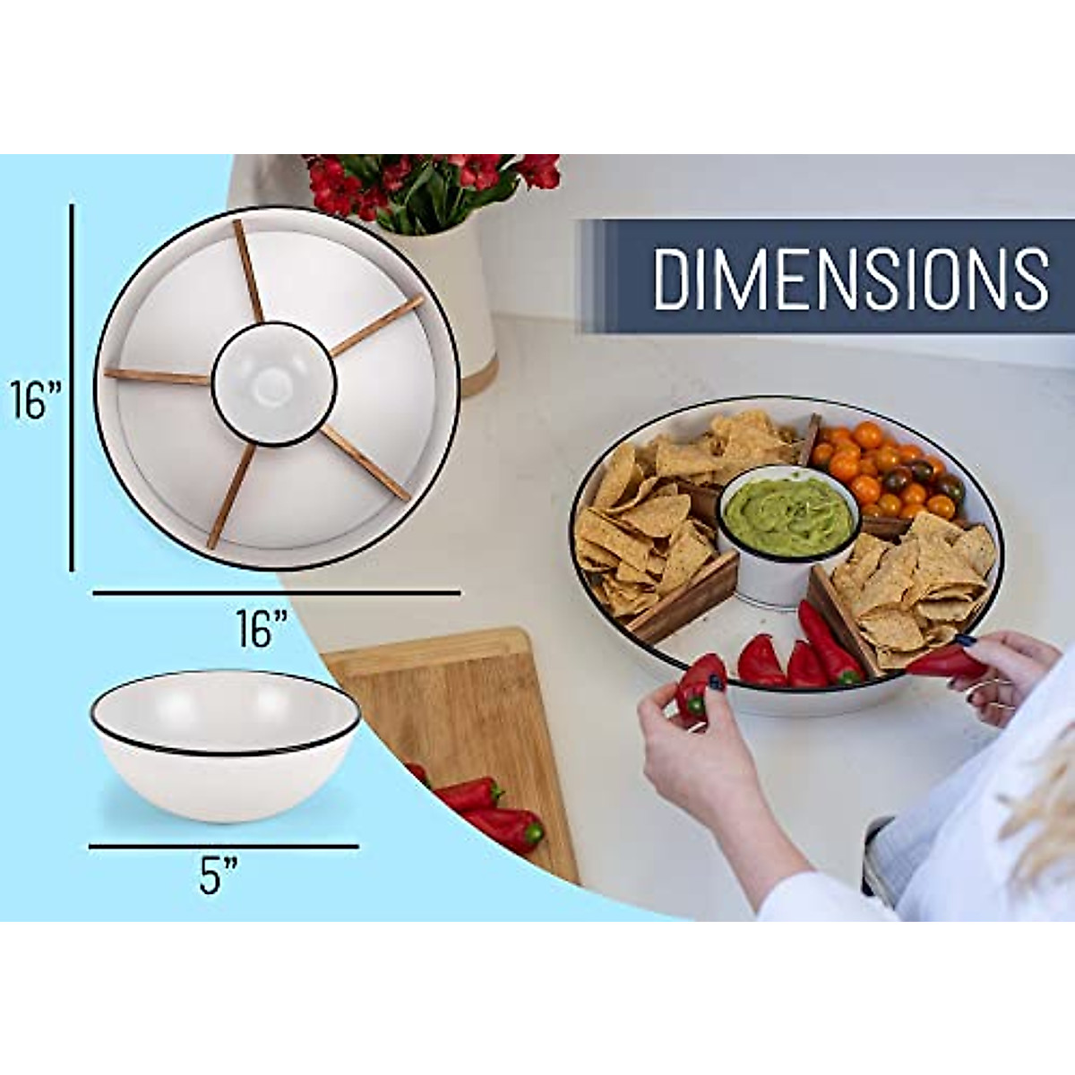 NAT & Jules Wood Partitions Matte White 16 inch Metal Enamel Divided Chip and Dip Tray