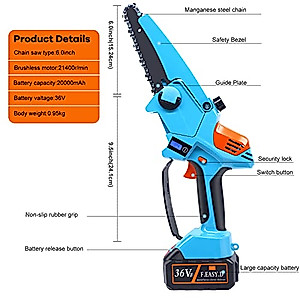 Mini Chainsaw,6 Inch Mini Chainsaw Cordless,36V Battery Chainsaw with Security Lock,Handheld Electric Chainsaw Cordless for Tree Trimming Branch Wood Cutting 2 Batteries, 2 Chains Included