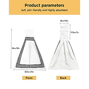 Ldtrchee Black Geometric Hand Towel with Hanging Loop, Modern Key Greek Design Abstract Art Hanging Tie Towels Set 2 Pcs, Kitchen Absorbent Towel for Bathroom Tea Bar Laundry