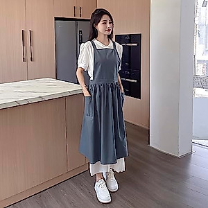 TALIBSA Pinafore Apron Dress，Japanese Cotton Linen Cross Back Apron for Women with Pockets，Pinafore Dress with Waist Ties (Turquoise Blue)