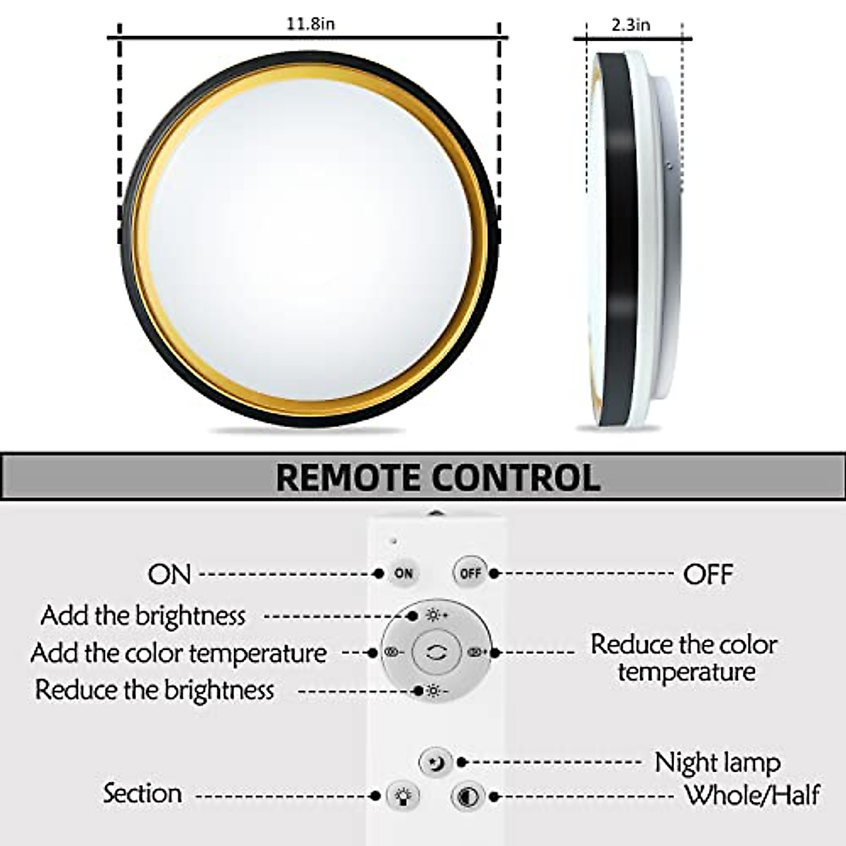 Hurrah LED Ceiling Light Fixture with Remote Control - 17W Flush Mount Dimmable Ceiling Lamp Black Round 2700K-6500K 11.8in Close to Ceiling Lighting for Bedroom Living Room Hallway Kitchen