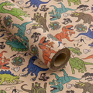 RUSPEPA Kraft Wrapping Paper Roll - Mini Roll - Colorful Dinosaur Design Great for Kids' Birthday, Boys' Birthday Party and More - 17 Inches X 16.5 Feet