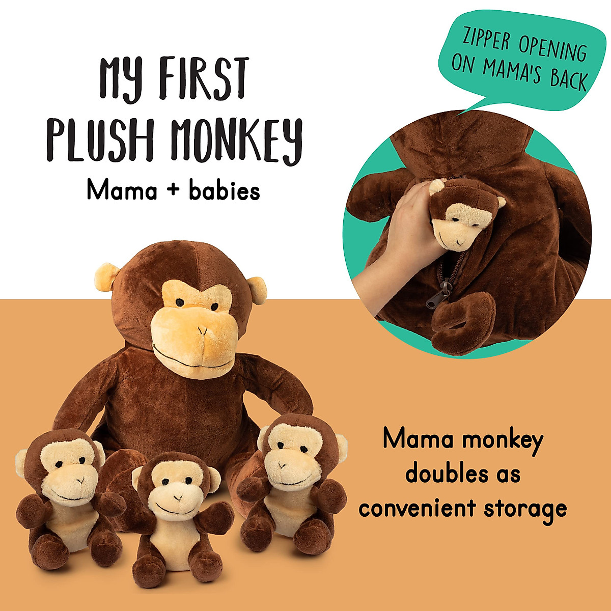 Talking Stuffed Mommy Monkey with 3 Baby Monkeys in her Tummy | Plush Monkey | Monkey Stuffed Animals | Stuffed Animal Family | Stuffed Animal Mom and Baby | Stuffed Animals for Ages 0+