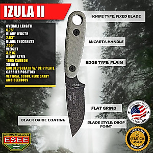 ESEE Knives, Neck Knife Fixed Blade, 2.875" 1095 Carbon Blade, Black Oxide Coating, Micarta Handle, Sheath