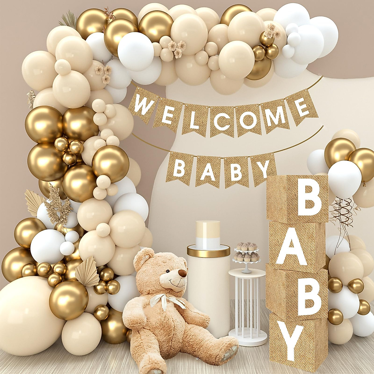 Boho Baby Shower Decorations-97Pcs Burlap Grain Baby Boxes,Nude and Gold Balloons Arch Kit and "WELCOME BABY" Banner for Neutral Baby Shower Decorations,Birthday Party Supplies,Gender Reveal