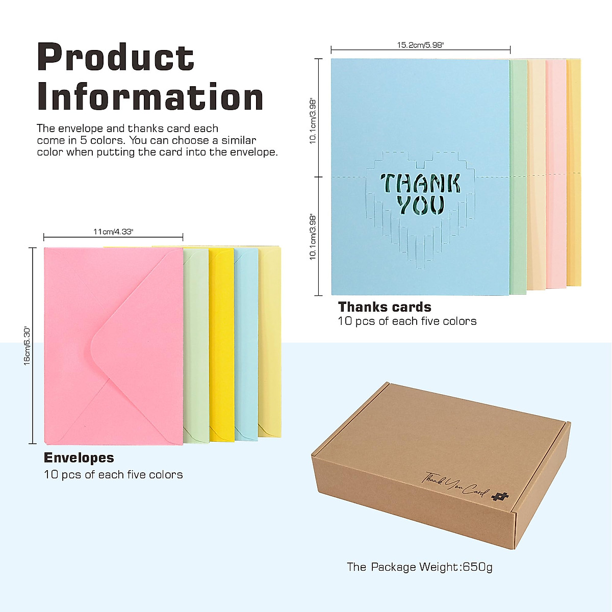 FUHOSENG 50 Pack Pop Up Thank You Cards, 4x6 Love 3D Greeting Card With Envelopes and Stickers For Small Business, Baby Showers, Wedding, Graduation, Birthdays, Mothers Day, Fathers Day, Thanksgiving