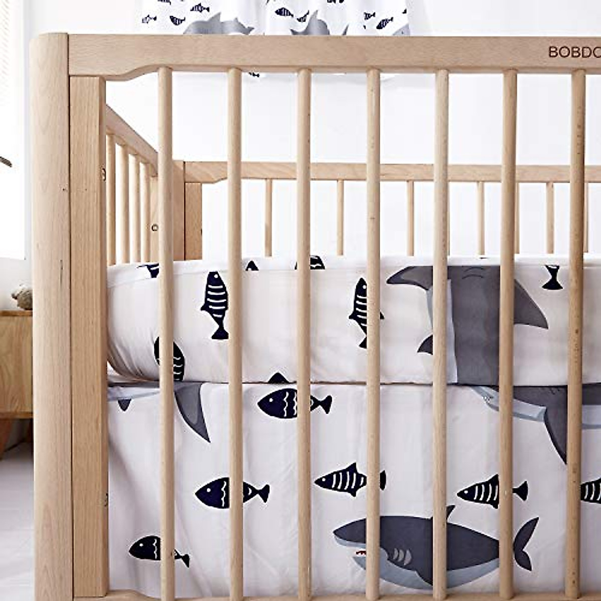 Brandream Crib Sheets Boys Cotton Baby Crib Sheets 2 Packs Toddler Sheets, Coastal Nautical Ocean Shark Fish Pattern, Navy Blue & White
