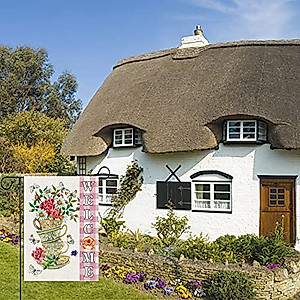 Welcome Flower Garden Flags, Spring Buffalo Plaid Vertical Double Sized Burlap Flag for House Yard Outdoor Decor 12.5 x 18 Inch