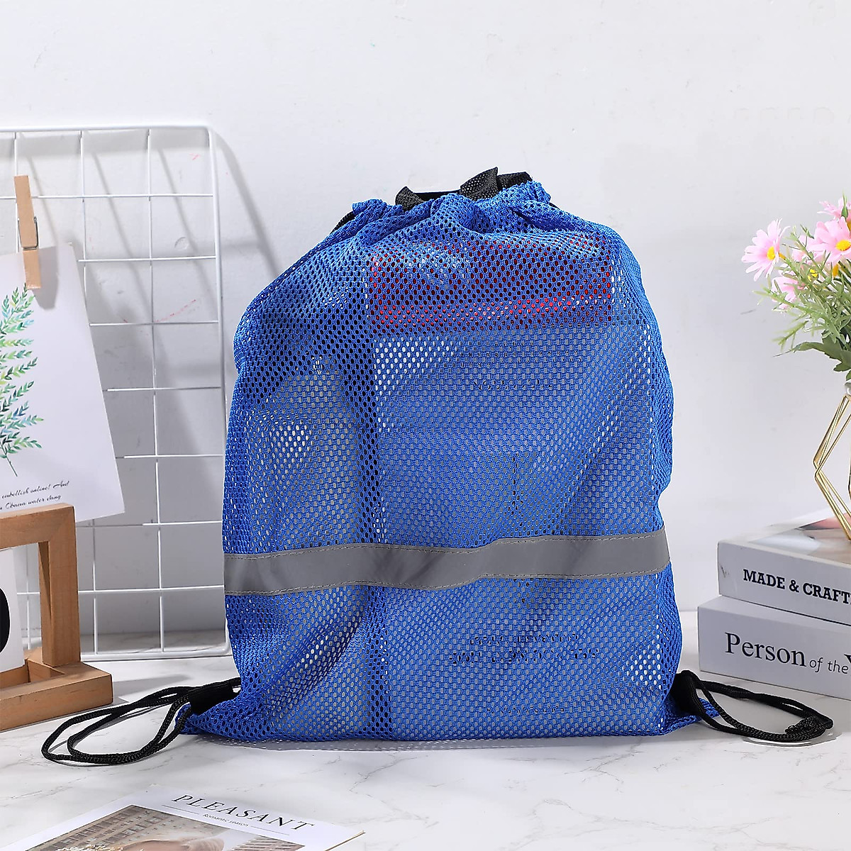 4 Pcs Summer Reflective Large Mesh Drawstring Bag with Zipper Pocket Net Quick Drying Swimming Bag Beach Soccer Mesh Backpack Foldable Swim Gear Bag for Adults Teens Sports Gym Equipment, 4 Colors