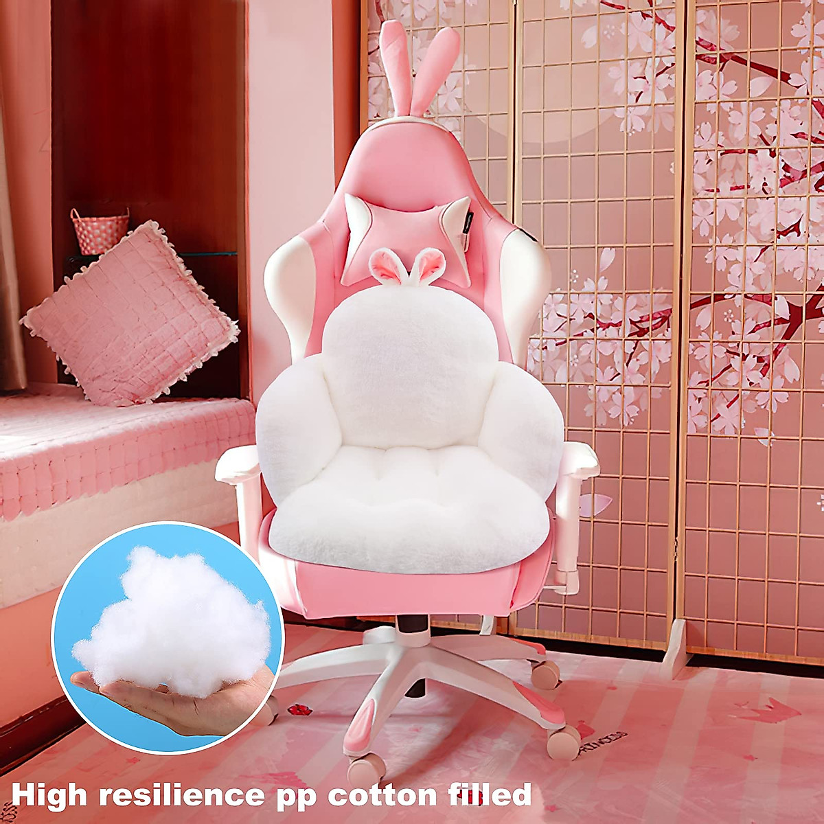 QYA Computer Chair Cushion White, Cute Seat Cushion with Backrest Non-Slip, Kawaii Chair Pillow for Gamer Chair, Comfy Chair Cushion for Bedroom (32"x 18", White Bunny)