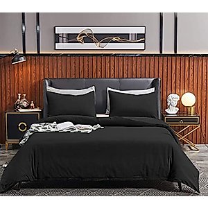 100% Washed Cotton Duvet Cover 3 Piece, Comforter Cover Queen Size, 400 Thread Count Solid Color and Ultra Soft with Zipper Closure, Corner Ties, Simple Bedding Style,Black
