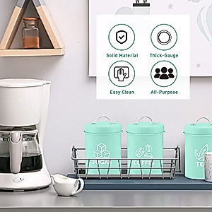 E-far Canister Sets for Kitchen Counter, 3-Piece Metal Tea Coffee Sugar Canister with Airtight Lid for Food Storage, Farmhouse Style & Small Size (6.1” x 4”)-Turquoise