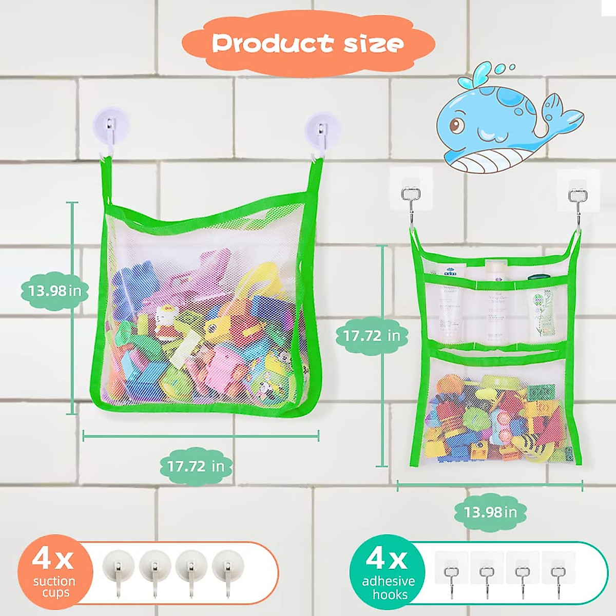 Bath Toy Organizer, SUNDOKI Toy Holder Storage Bags 2 Bath Toy Nets with and 8 Hooks for Kids, Toddlers and Adults (Green)