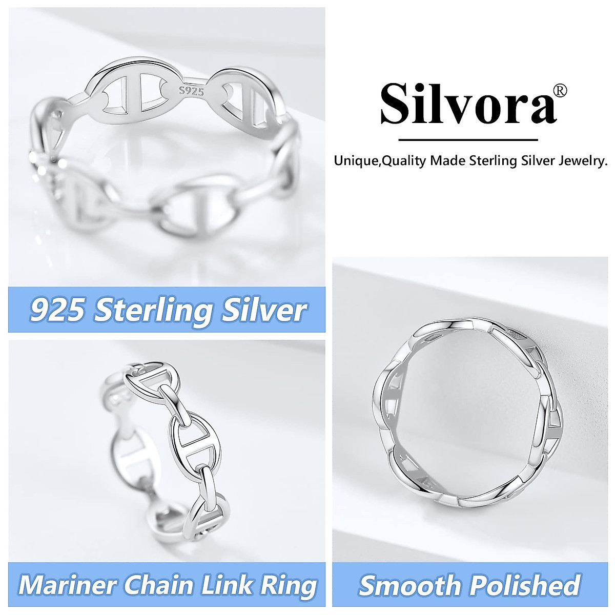 Silver Chain Rings for Women Plain Silver Mariner Link Chain Rings Size 7 for Women Stacked