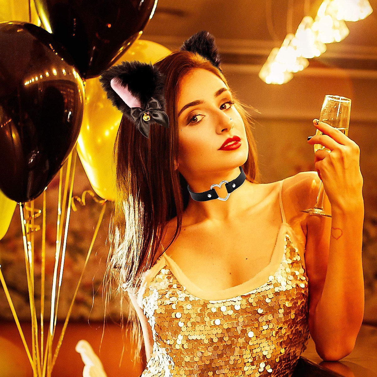 Whaline Black Cat Ear Headband with Bell Heart Chocker Necklace Girl Plush Furry Cat Ear Hair Band for Girl Women Adult Cosplay Party Fancy Dress Halloween Drama, 2Pcs