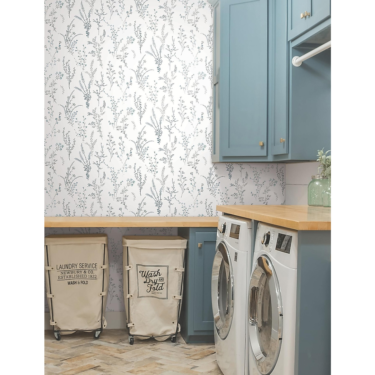 York Wallcoverings PSW1523RL Blue and Green Wildflower Sprigs Premium Peel and Stick Wallpaper