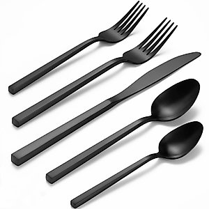 Alata Cube Black 20-Piece Forged Silverware Set Stainless Steel Flatware Set,Service for 4,Matte Satin Polished Cutlery Set,Dishwasher Safe