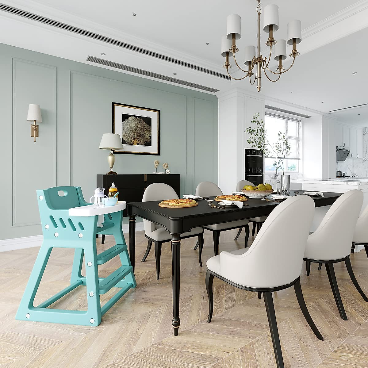 Baby Highchair,Children's Dining Chair, Safe and Solid Shape Structure Design, with Telescopic Gear Adjustable Feeding Tray, Can be Directly Washed (Aqua)