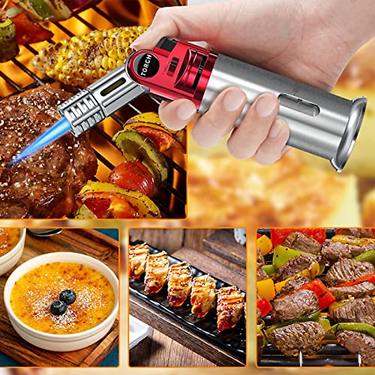 ZEBRE Butane Torch with Fuel Gauge, Refillable Kitchen Torch Lighter with Safety Lock and Adjustable Flame & Tube, Culinary Torch for Desserts, Creme Brulee, BBQ and Baking (Butane Gas Not Included)