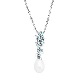 Freshwater Pearl, Nat Blue Topaz Pendant w Diamonds Sterling Silver (.015 ct, I-J Color, I3 Clarity), 18"