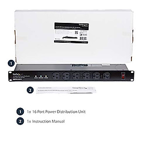 StarTech.com 16 Outlet Horizontal 1U Rack Mount PDU Power Strip for Network Server Racks - Surge Protection - 120V/15A - 6ft Power Cord (RKPW161915)