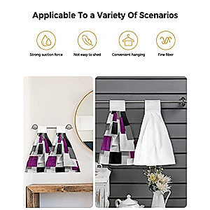 2 PCS Kitchen Hand Towels, Purple Geometry Soft Plush Hanging Tie Towels with Loop for Kitchen Bathroom Dish Cloth Tea Bar Towel Modern Abstract Art Ombre Black Grey