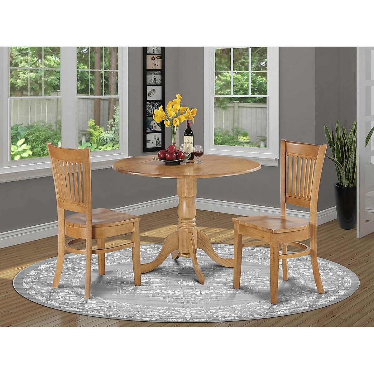 East West Furniture DLVA3-OAK-W Dublin 3 Piece Set for Small Spaces Contains a Round Dining Room Table with Dropleaf and 2 Wooden Seat Chairs, 42x42 Inch