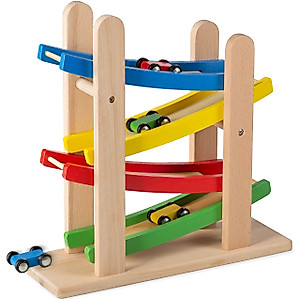 Play22 Wooden Car Ramps Race - 4 Level Toy Car Ramp Race Track includes 4 Wooden Toy Cars - My First Baby Toys - Toddler Race Car Ramp Toy Set is A Great Gift for Boys and Girls - Original by Play22