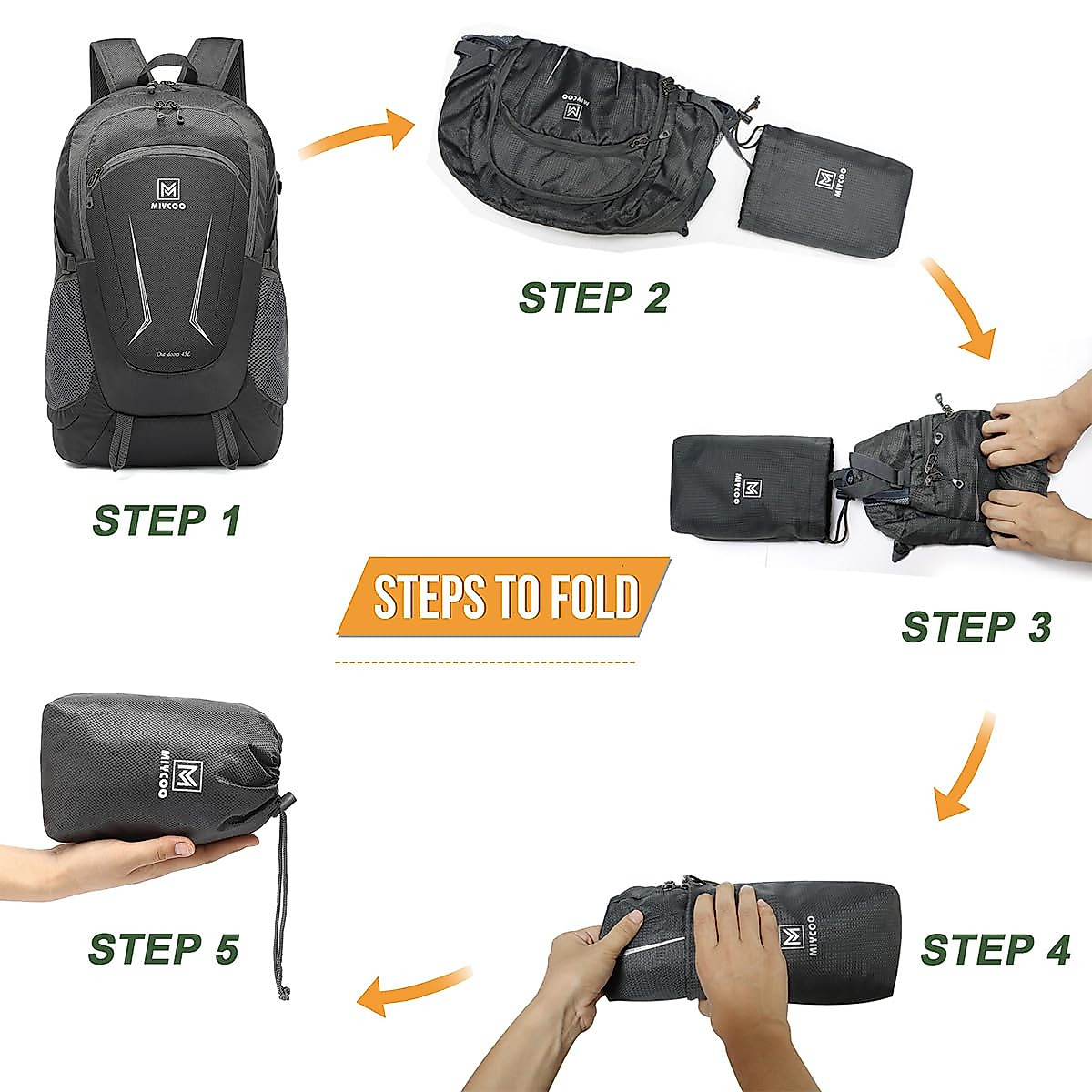 MIYCOO Lightweight Backpack for Men Women - Packable Hiking Travel Backpack - Foldable Outdoor Camping Waterproof Daypack Grey