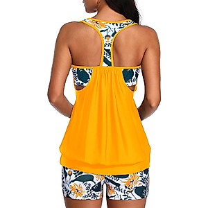 Yonique Two Piece Tankini Bathing Suits T-Back Blouson Swim Tops with Boy Shorts Women Swimsuits Sporty Swimwear Yellow&Floral S