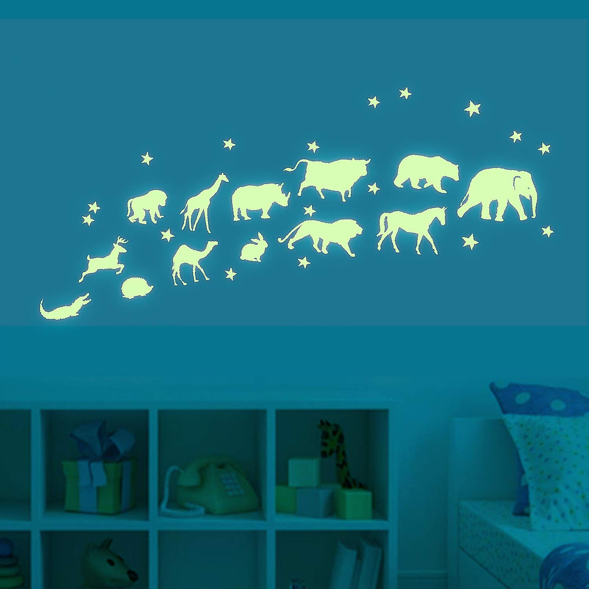 BENBO Animals Glow in Dark Wall Stickers, Cute Animals Jungle Adventure Horse Elephant Giraffe Camel Stars Peel and Wall Decals for Kids Bedroom Nursery Home Wall Mural Decor