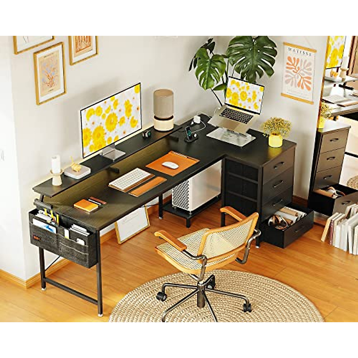 ODK 63 inch L Shaped Computer Desk with USB Charging Port & Power Outlet, Gaming Desk Corner Desk with 4 Tier Drawer & Monitor Shelf for Home Office Workstation, Modern Style Writing Table, Black