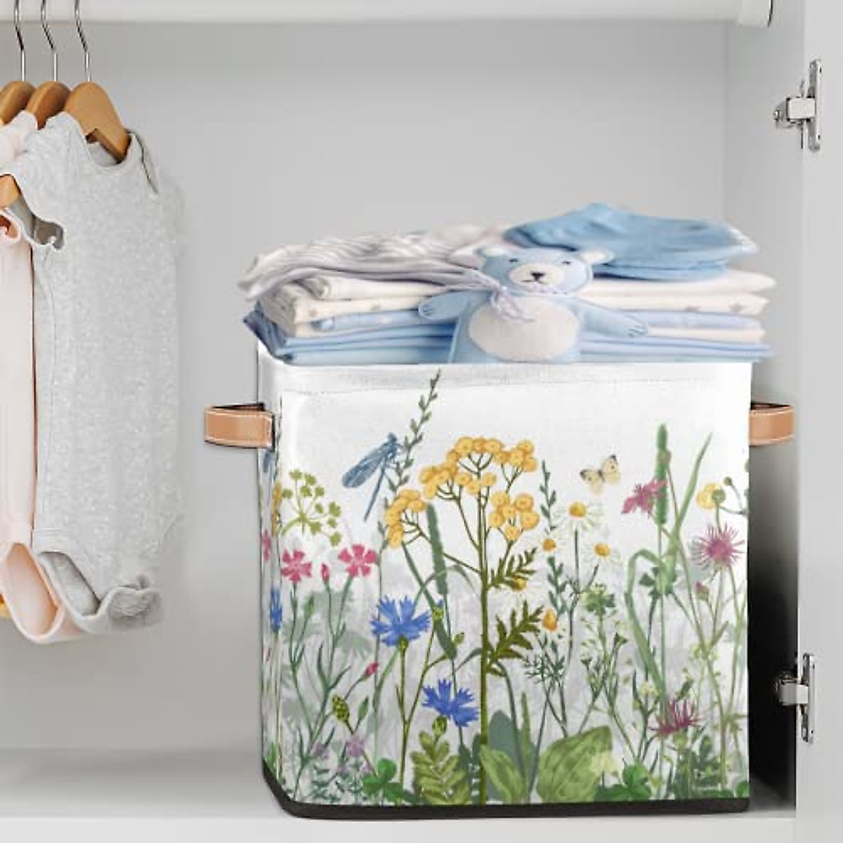 Storage Basket Dragonfly Spring Flower Butterfly Plant Collapsible Storage Bin with Handles Large Canvas Storage Cubes Toy Basket for Shelves Closet Nursery Cabinet Living Room Organizer 13x13x13"