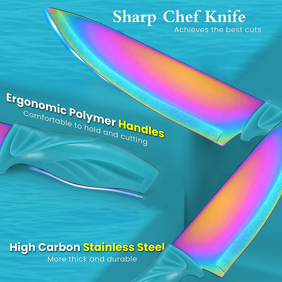 Rainbow Titanium Knife Set 17 PCS Kitchen Knives Set Sharp Cutlery Knife Sets Contain 6 Steak Knives Sharpener Clear Acrylic Stand Nonstick Chef Knife Block Set (Turquoise)