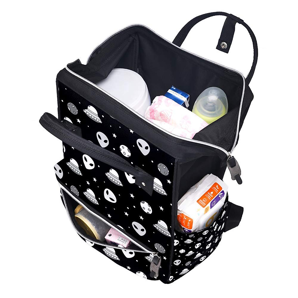 Space Themed Alien Face and Ships Diaper Tote Bags Mummy Backpack Large Capacity Nappy Bag Nursing Traveling Bag for Baby Care