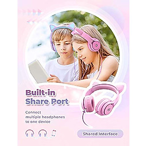 iClever Kids Headphones with Cat Ear Led Light Up, Safe Volume Limite Kids Wired Headphones with Microphone, FunShare Foldable Over-Ear Headphones for Kids/School/iPad/Tablet/Travel, Meow Donut-Pink