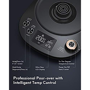 Gooseneck Kettle Temperature Control, Pour Over Electric Kettle for Coffee and Tea, 100% Stainless Steel Inner, 1200W Rapid Heating, 0.8L, Built-in Stopwatch, Matte Black
